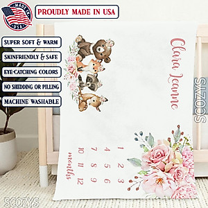 Floral Woodland Baby Monthly Blanket Girl, Personalized Girl Blanket Track Baby Growth, Monthly Growth Blanket, Woodland Baby Girl Blanket, Decor, Super Soft Plush Blanket for Baby 30x40