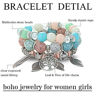 Jstyle 6Sets Bohemian Stackable Bead Bracelets for Women Stretch Multilayered Beaded Bracelet Set Leaf Tassel Charm Bangles Women Gifts