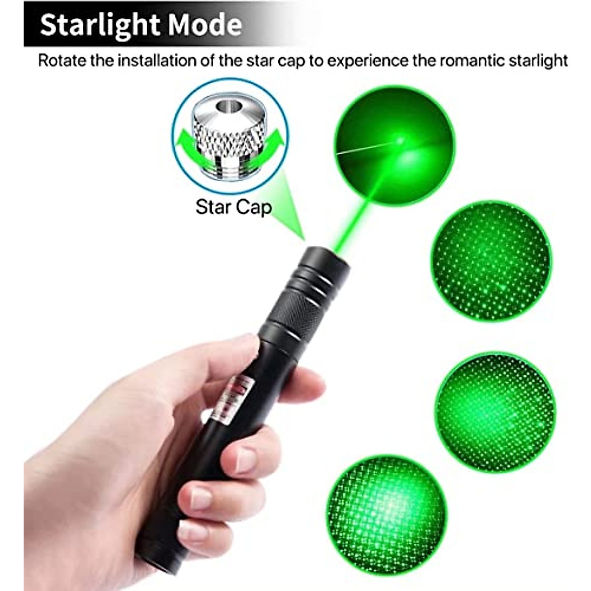 Cyahvtl Laser Pointer, 2000 Metres Green Long Range High Power Handheld Flashlight, Rechargeable Laser Pointer for USB, with Star Cap Adjustable Focus Suitable for Projecto