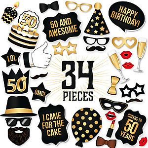 50th Birthday Photo Booth Props – Fabulous Fifty Party Decoration Supplies for Him &Her, Funny Fiftieth Bday Photobooth Backdrop Signs for Men and Women, Black and Gold Décor Ideas – 34 Pieces
