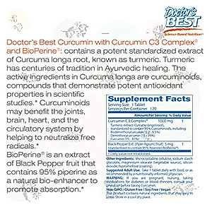 Doctor's Best Curcumin From Turmeric Root with C3 Complex & BioPerine, Non-GMO, Gluten Free, Soy Free, Joint Support, 1000 mg, 120 Tablets
