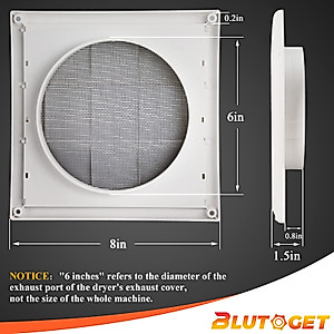 Blutoget 6" Louvered exhaust Vent Cover 8" x 8" Oversize dryer outlet cover for Exterior Wall Vent Hood Outlet Airflow - 6 Inch Vent Cover Exterior with 4 Vent Screen Screw (White)