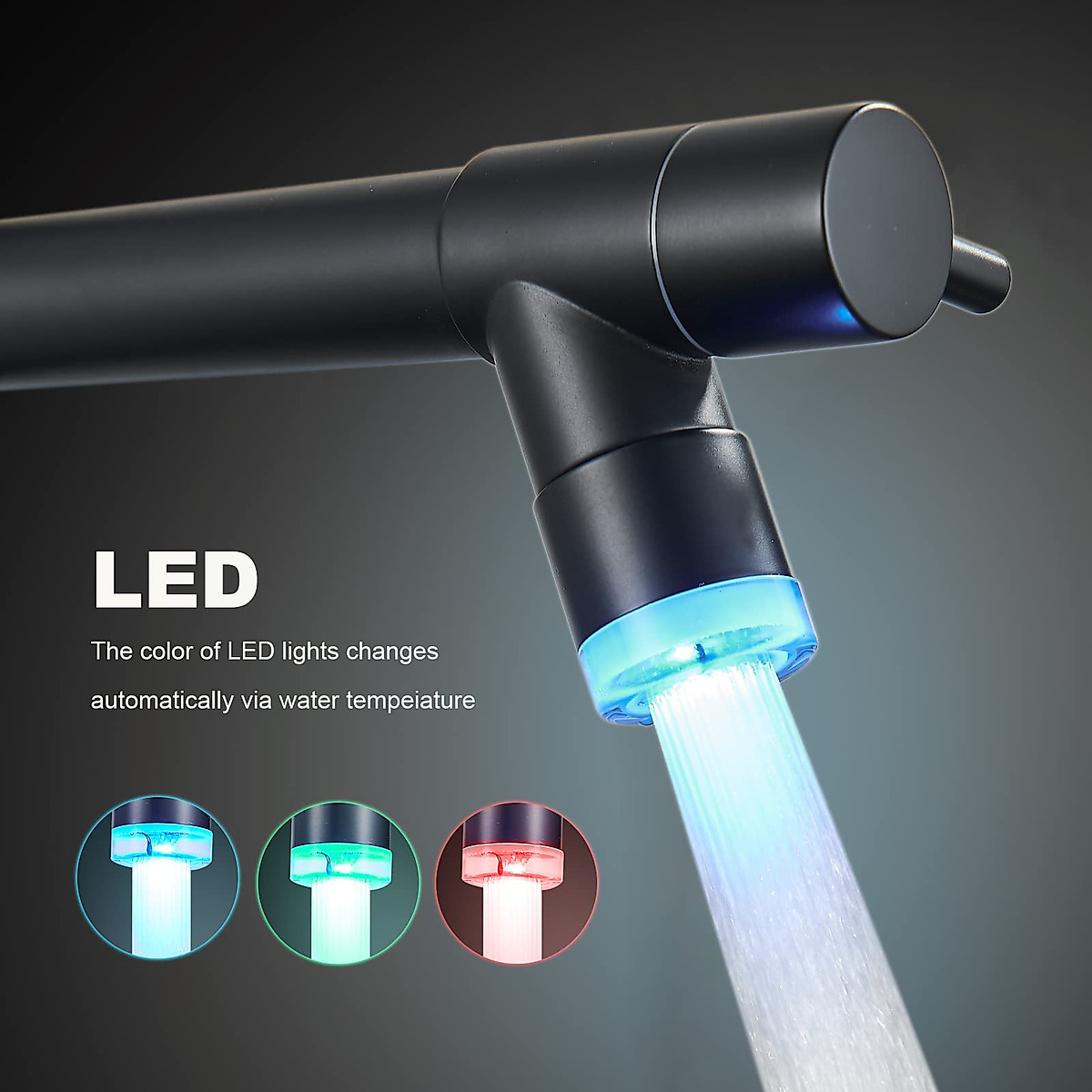 NeierThodore Kitchen Faucet with LED,Stainless Steel Single Handle Single Hole Kitchen Sink Faucet with Pull Down Sprayer,Spring Matte Black Kitchen Faucets