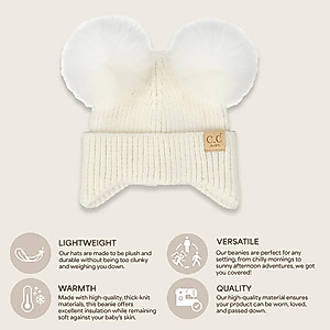 C.C Baby Double Fur Pom Pom Beanie with Ear Flap for Boys Girls Soft Warm Infant Toddler Knit Skully Hat with Faux Fur Ivory