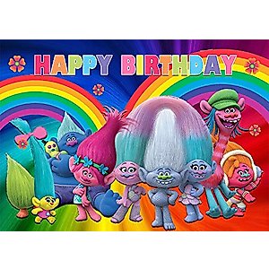 Trolls Poppy Photography Backdrop Kids Happy Birthday Party Banner Rainbow Colorful Photo Background Cake Table DecorPhoto Studio Props 5x3ft
