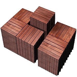 PrimeZone 108 PCS Solid Acacia Wood Interlocking Patio Deck Tiles - 12" x 12" Indoor Outdoor Waterproof Flooring Tiles for Balcony, Backyard, Garden & Poolside, All Weather Use, Brown