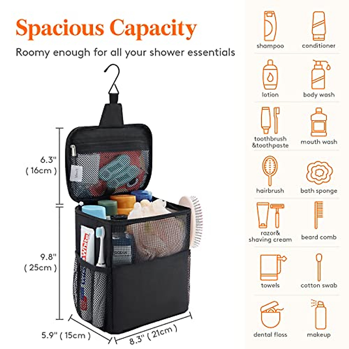 Lifewit Shower Bag Mesh Shower Caddy Portable College Dorm Room Essentials Tote Bag for Bathroom, Gym, Travel, Camping Quick Dry Hanging Shower Organizer Basket Toiletry Bag, Medium, Black