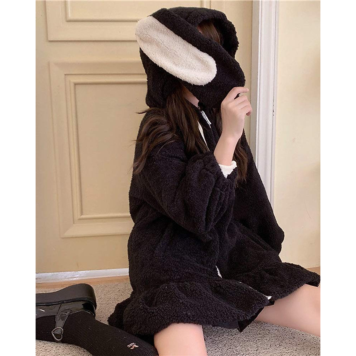 BZB Kawaii Anime Bunny Ear Hoodies For Women Sweet Lovely Fuzzy Fluffy Rabbit Sweater Tops Cosplay Jacket Coats Black