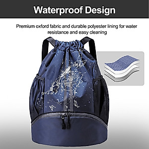 Hoedia Sports Drawstring Backpack - String Swim Gym Bag with Shoes Compartment and Wet Proof Pocket for Women/Men (Navy Blue)