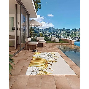 Fall Thanksgiving Outdoor Rug for Patio/Deck/Porch, Non-Slip Area Rug 6x9 Ft, Grey Orange Pumpkin Sunflower Botanical Rustic Indoor Outdoor Rugs Washable Area Rugs, Reversible Camping Rug Carpet