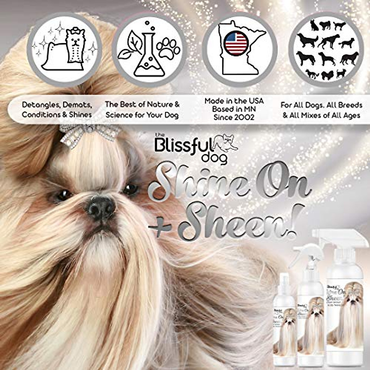 The Blissful Dog Shine-On + Sheen Coat Spray, All Natural, Leave-in Conditioner and Coat Detangler for Your Dog, 8 Oz