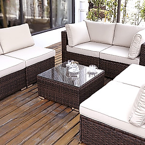 Outdoor Coffee Table for Patio Table Wicker Patio Coffee Table Lawn Garden Rattan Small Coffee Table with Glass Top All-Weather, 25.2in Mixed Brown
