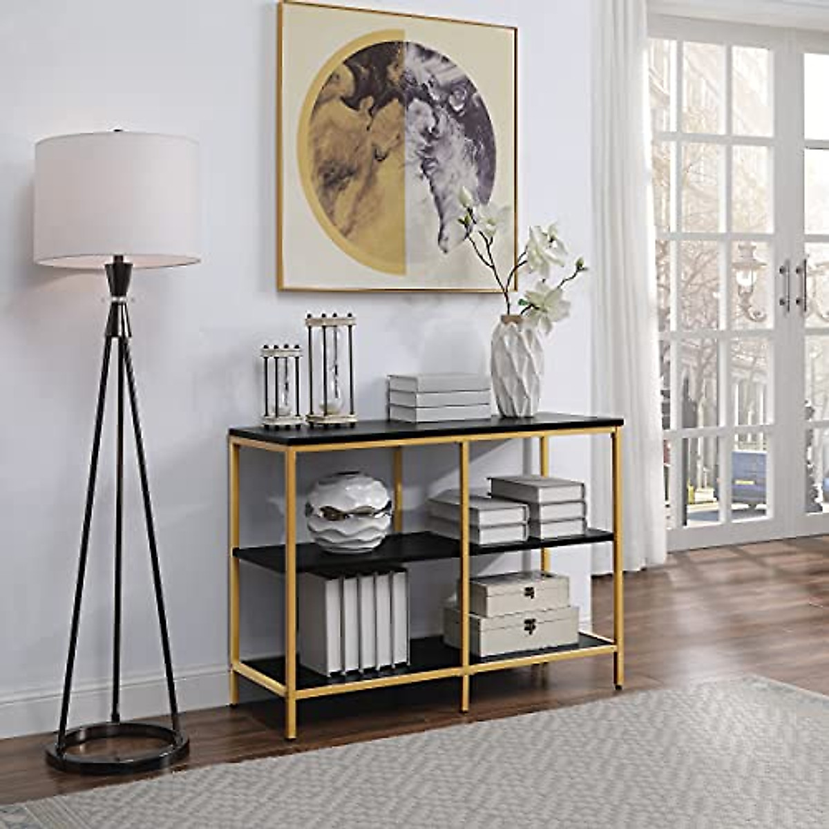 OSP Home Furnishings Modern Life Contemporary Double 3 Shelf Bookcase and Credenza, Black