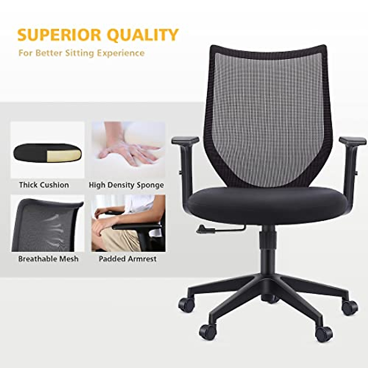 ETasker Office Chair with Adjustable Arms Mid-Back Desk Chair Black - Breathable Mesh Ergonomic Office Chair - Swivel Computer Chair with Rocking Function - Height Adjustable Home Office Desk Chair