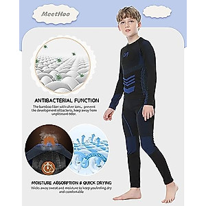 MeetHoo Children's Thermal Underwear Set, Breathable and Skin-friendly Sports Underwear, Bamboo Charcoal Underwear Base Layer Winter Ski Hunting Gear for Boys Cold Weather XS-L