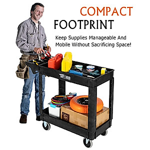 TUFFIOM Plastic Service Utility Cart with Wheels, 550lbs Capacity Heavy Duty Tub Storage Cart W/Deep Shelves, Multipurpose Rolling 2-Tier Mobile Storage Organizer, for Warehouse Garage Industrial