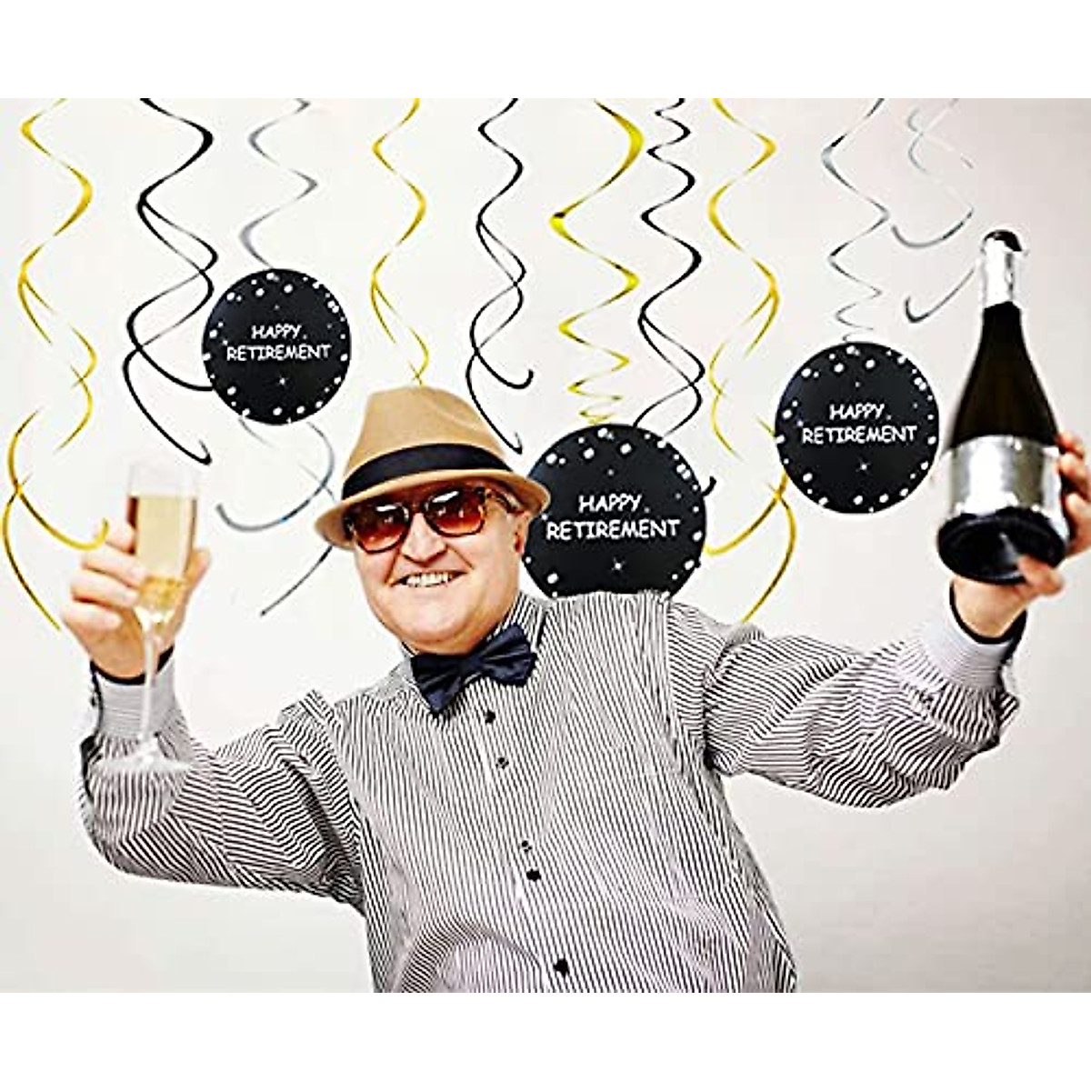 Retirement Party Decorations for Men Women Black Gold Happy Retirement Banner Hanging Swirls Kit for Retirement Party Decor Supplies