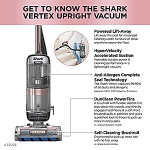 Shark AZ2002 Vertex Powered Lift-Away Upright Vacuum with DuoClean PowerFins, Self-Cleaning Brushroll, Large Dust Cup, Pet Crevice Tool, Dusting Brush & Power Brush, Silver/Rose Gold
