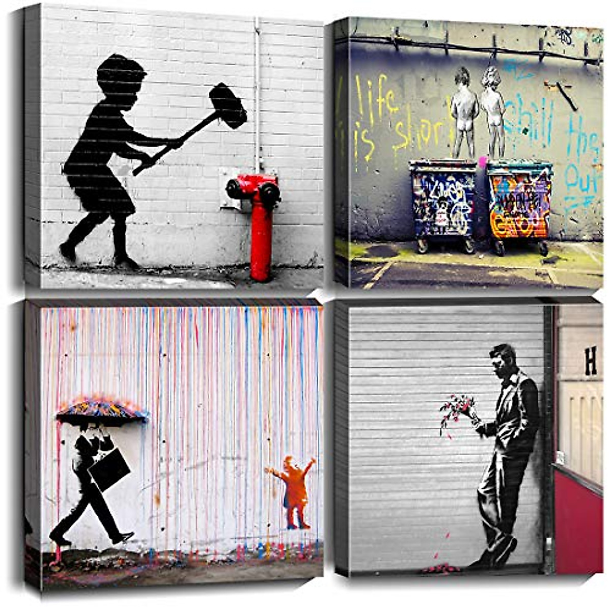 Biufo Banksy Wall Art Street Graffiti Canvas Print Picture Modern Painting Artwork for Living Room Bathroom Bedroom Decor (12"x12"x4pcs)