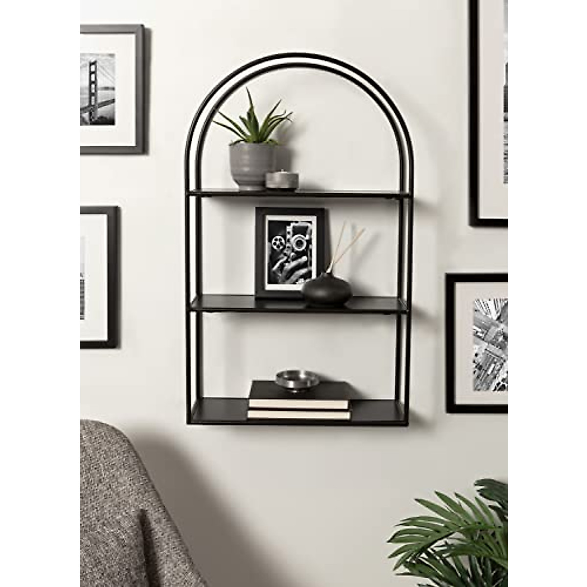 Kate and Laurel Monroe Modern Arched Wall Shelf, 18 x 31, Black, Decorative 3 Tier Floating Wall Shelves with Contemporary Finish and Robust Storage Capacity