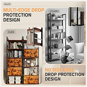 Furmax 6 Tier Bookshelf, Tall Bookcase with 3 Drawers Storage Organizer, Wood and Metal Storage Book Shelf, Standing Shelves for Bedroom and Living Room (Rustic Brown)