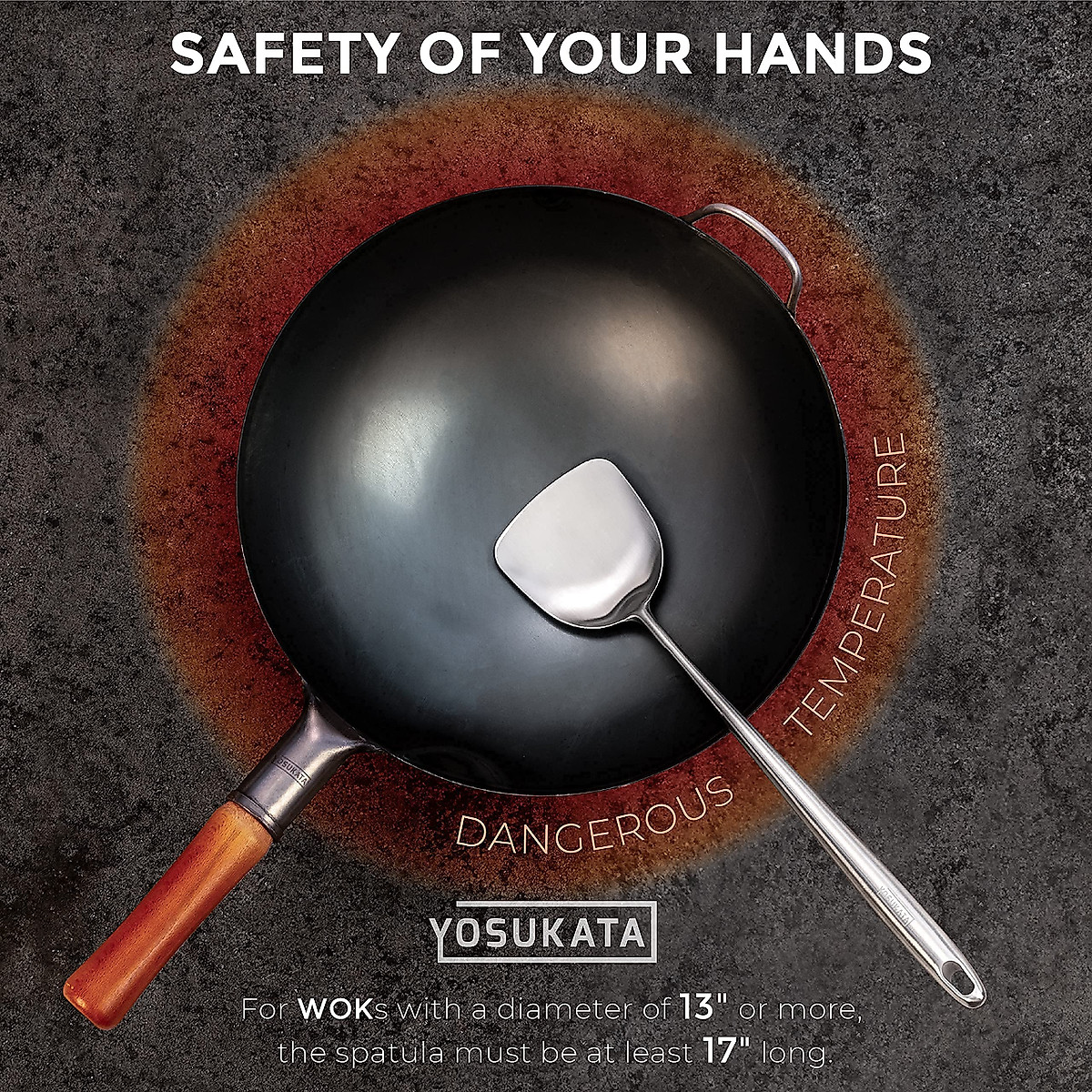 YOSUKATA Carbon Steel Wok Pan 14 17’’ Wok Spatula and Ladle - Set of 2 Heat-Resistant Wok Tools