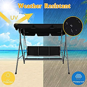 3 Person Patio Swing with Convertible Canopy--Weather Resistant Frame and Breathable Seat, Comfy Outdoor Swing Chair Bench for Porch Backyard Garden, Black