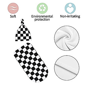 Checkered Black And White Baby Stuff New Born Swaddle Baby Blanket Sleep Sack Soft Stretchy Transition Baby Swaddle Wrap Receiving Blankets With Beanie Hat Sets Gifts For 0-6 Month Boy Girl And Infant