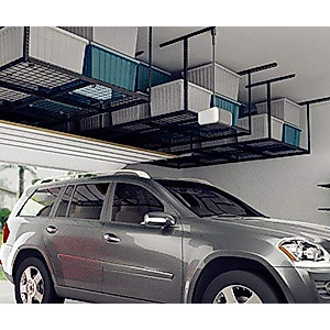 FLEXIMOUNTS 4x8 Overhead Garage Storage Rack, Adjustable Garage Storage Organization Systerm, Heavy Duty Metal Garage Ceiling Storage Racks, 600lbs Weight Capacity, Hammertone