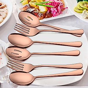 Homikit Stainless Steel 3 Copper Serving Spoons, 3 Slotted Serving Spoons, 3 Serving Forks, Metal Serving Utensils Hostess Set for Catering Dinner Party Buffet Banquet Restaurant, Dishwasher Safe