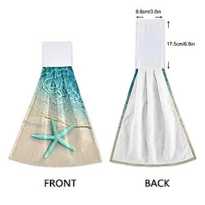 KOCOART Ocean Beach Starfish Kitchen Hand Towels Sea Water Hanging Tie Towel Dishcloths with Loop 2PCS, Soft Super Absorbent Fingertip Towel for Bathroom Laundry Room 12x17 in