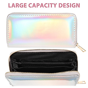 TENDYCOCO Sparking Cell Pouch Wallet Clutch Carteras Pu Women Female Coin Leather Long Wallets Credit Rainbow Portfel Shining Silver Zipper Holographic Slim Bag Purses Iridescent Girls for