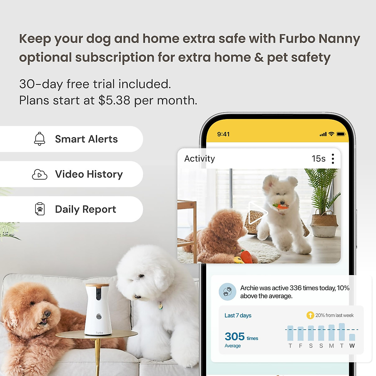 Furbo 360° Dog Camera: [New 2022] Rotating 360° View Wide-Angle Pet Camera with Treat Tossing, Color Night Vision, 1080p HD Pan, 2-Way Audio, Barking Alerts, WiFi, Designed for Dogs