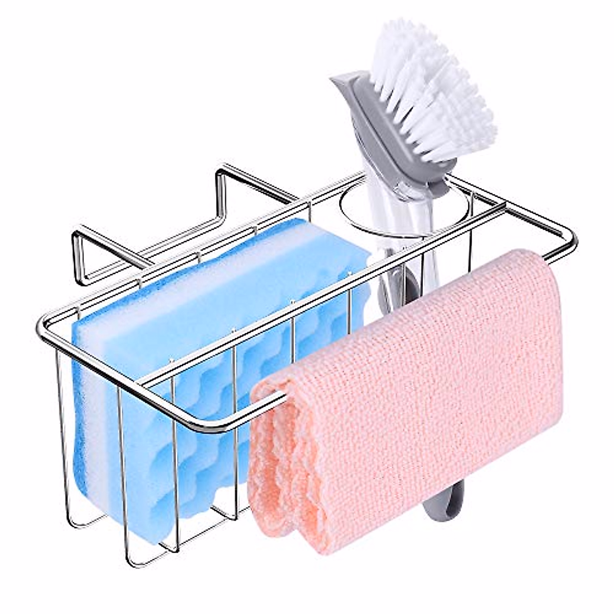 GEEKERA Sponge Holder for Kitchen Sink, 3-in-1 Sink Caddy, Brush, Dish Towel, Sponge Sink Organizer Liquid Drainer Rack - SUS304 Stainless Steel