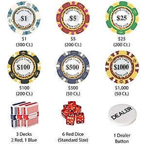 Brybelly 14 Gram 1000 Count Poker Set - Monte Carlo - 14G Clay Composite Chips with Aluminum Case, Playing Cards, Dealer Button for Poker, Texas Hold'em, Blackjack, Casino Games at Home