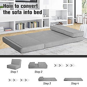 COSTWAY Convertible Flip Chair, 5-Position Adjustable Triple Fold Down Sofa Bed, Steel Frame, Soft Suede Fabric, Upholstered Floor Sleeper Dorm Game Bed for Living Room, Bedroom, Guest Room (Grey)