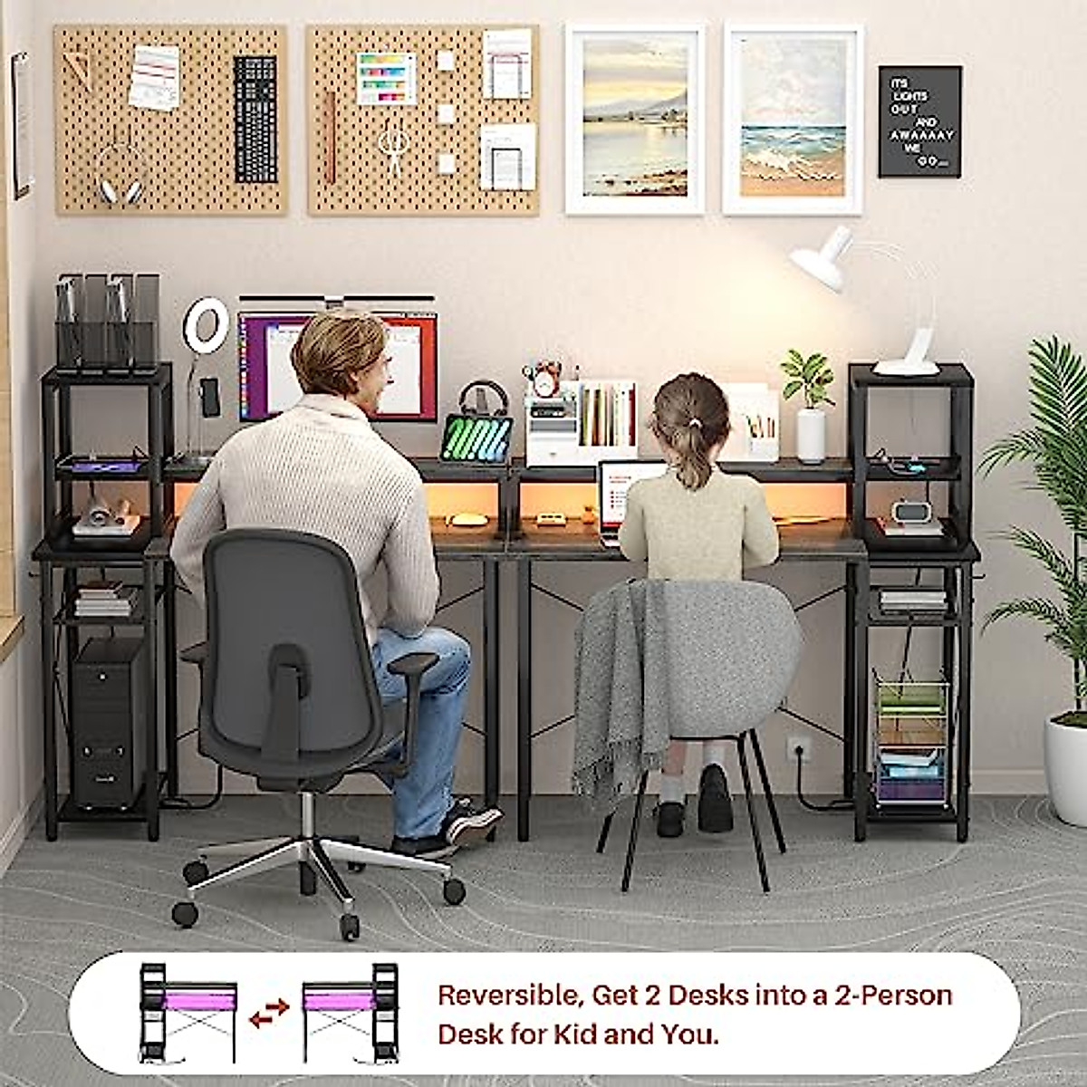 armocity 2023 Upgrade Gaming Desk with LED Lights, Small Computer Desk with Long Monitor Stand, 40'' Reversible Laptop Table with Storage Shelves, Small Desk for Small Spaces, Gaming Room, Grey