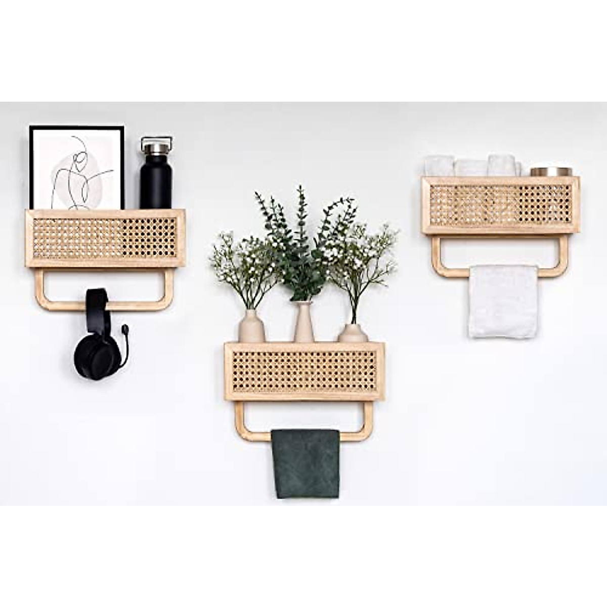 Wood Floating Shelf Rattan Shelve Wall Décor with Towel Rack for Kitchen - Bathroom - Living Room - Laundry Room & Bedroom - Wood Floating Shelves for Wall - Natural Wood Shelves - Rattan Wall Shelf