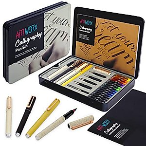 Artworx Calligraphy Pens Set - Introductory Caligraphy Writing & Hand Lettering Kit - Includes Instructions, Guide Book and Practice Book - Calligraphy Set For Beginners