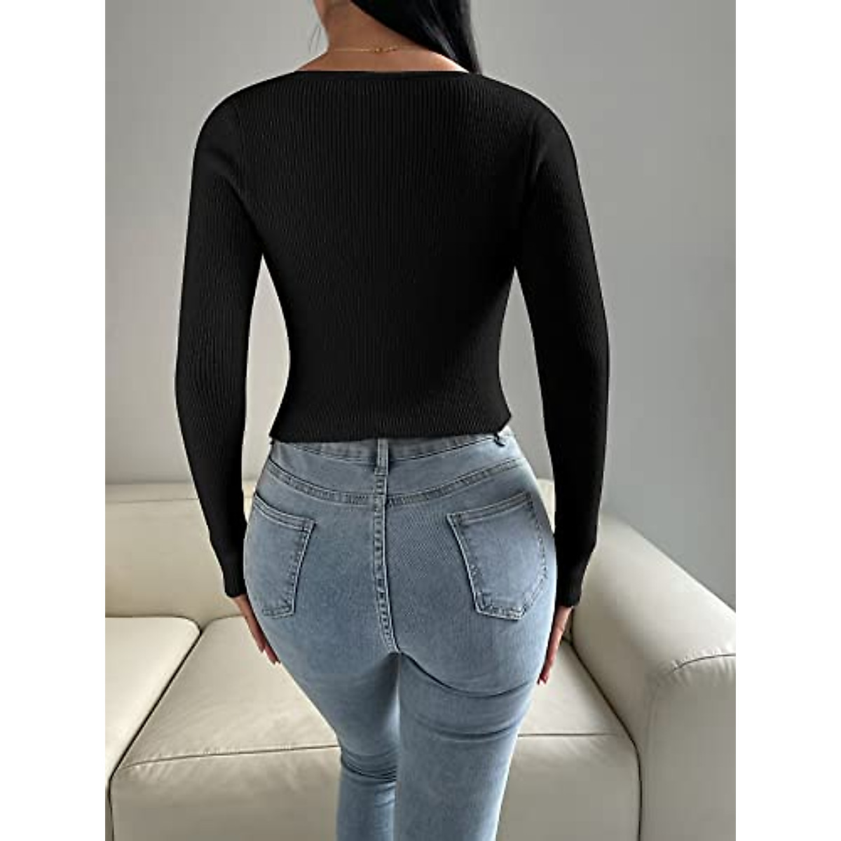 SweatyRocks Women's Long Sleeve Notched V Neck Crop Sweater Ribbed Knit Pullover Top Black Large