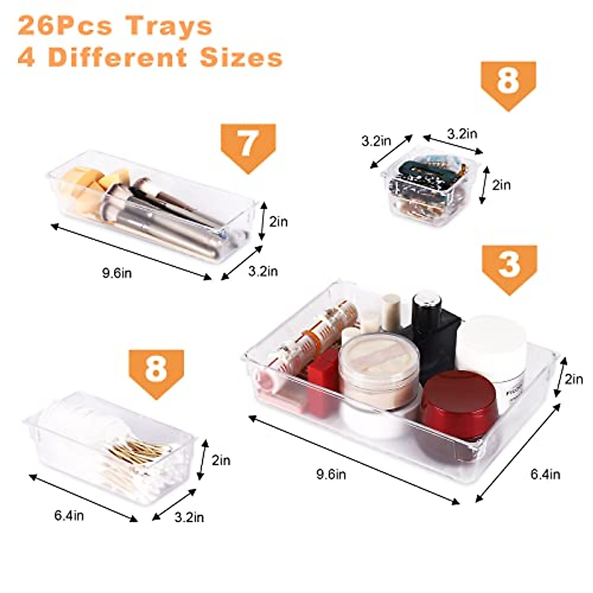 Fixwal 26pcs Clear Drawer Organizers Set 4 Size Plastic Bathroom Drawer Organizer Storage Bins Versatile Drawer Dividers Organizer Trays for Desk Makeup Vanity Dresser Office Kitchen