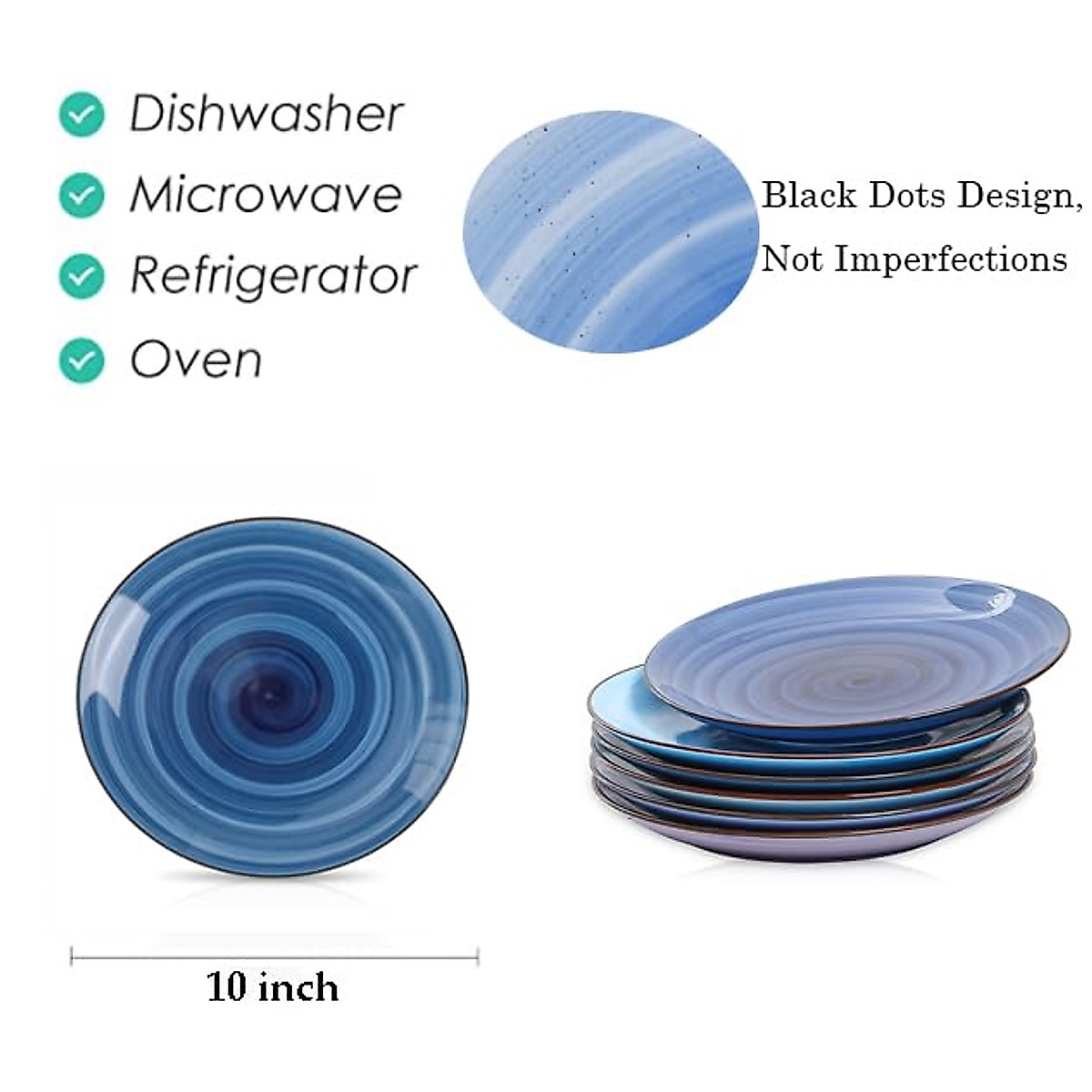 Selamica Ceramic 10 inch Dinner Plates, Large Pasta Dessert Salad Plates, Porcelain Serving Plate for Appetizer, Pancakes, Steak, Set of 6, Black Speckles, Gradient Blue