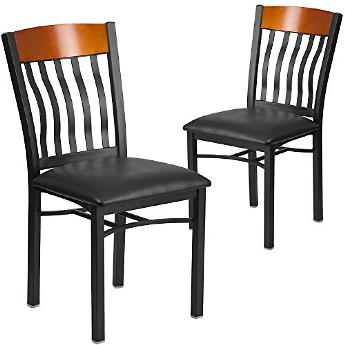 Flash Furniture 2 Pk. Eclipse Series Vertical Back Black Metal and Cherry Wood Restaurant Chair with Black Vinyl Seat