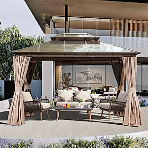 DHPM 10' x 12' Hardtop Gazebo, Permanent Outdoor Aluminum Patio Gazebo with Aluminum Composite Polycarbonate Double Roop for Patio Lawn and Garden, Curtains and Netting Included