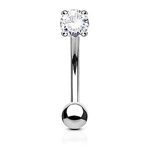 Forbidden Body Jewelry 16g 8mm Surgical Steel Curved Barbell w/Solitaire CZ for Daith, Eyebrow & Rook Piercings (Clear)