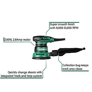 Metabo HPT 5-Inch Random Orbit Sander | Variable Speed | Powerful 230W 2.8 Amp Motor | Soft Elastomer Grip | Includes 5 Pieces of Sanding Paper, Dust Bag, Vacuum Adapter | 5-Year Warranty | SV13YST