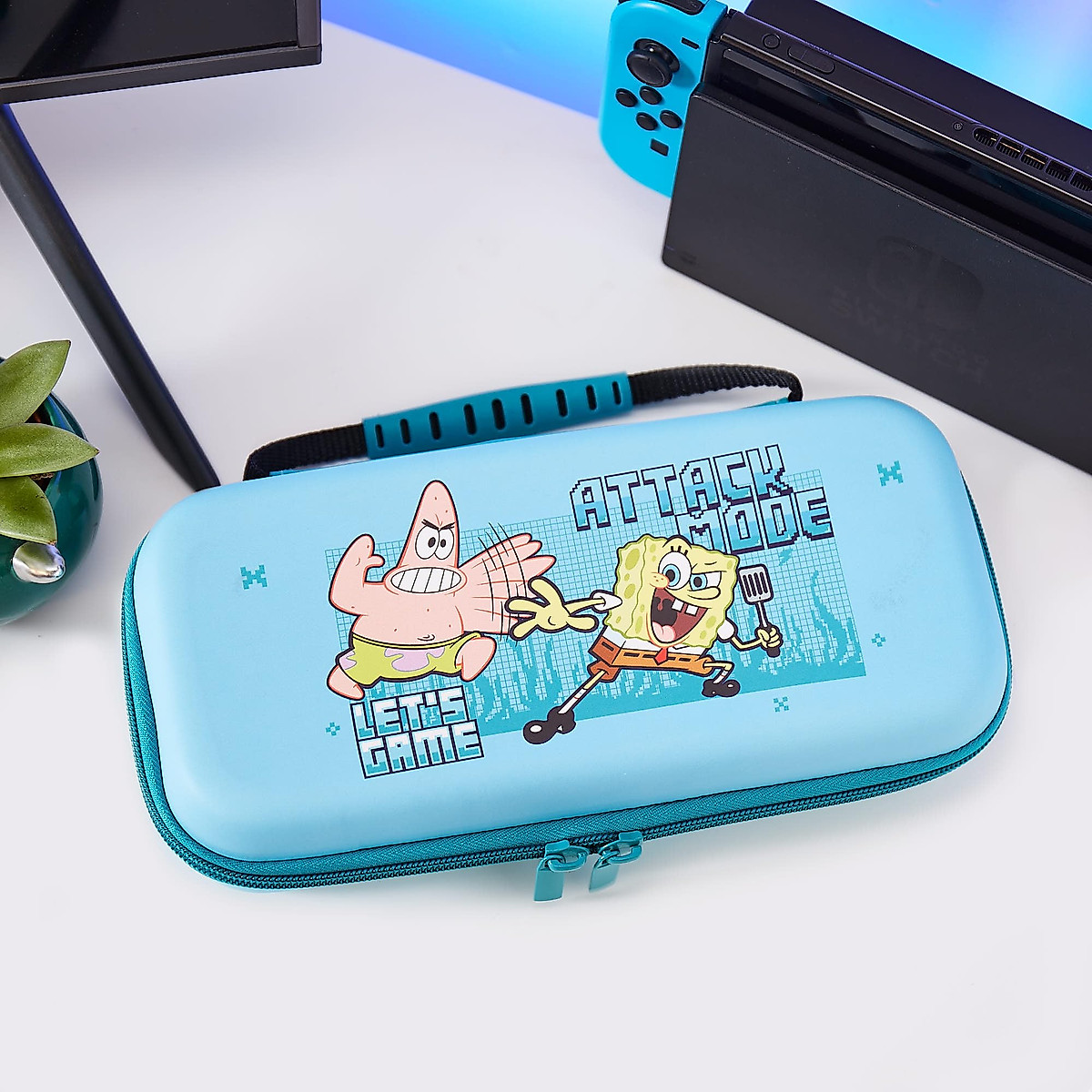 Numskull Spongebob Squarepants Attack Mode Hard Shell Travel Case for Nintendo Switch and OLED Model Console - Fits 10 Games and Switch Accessories