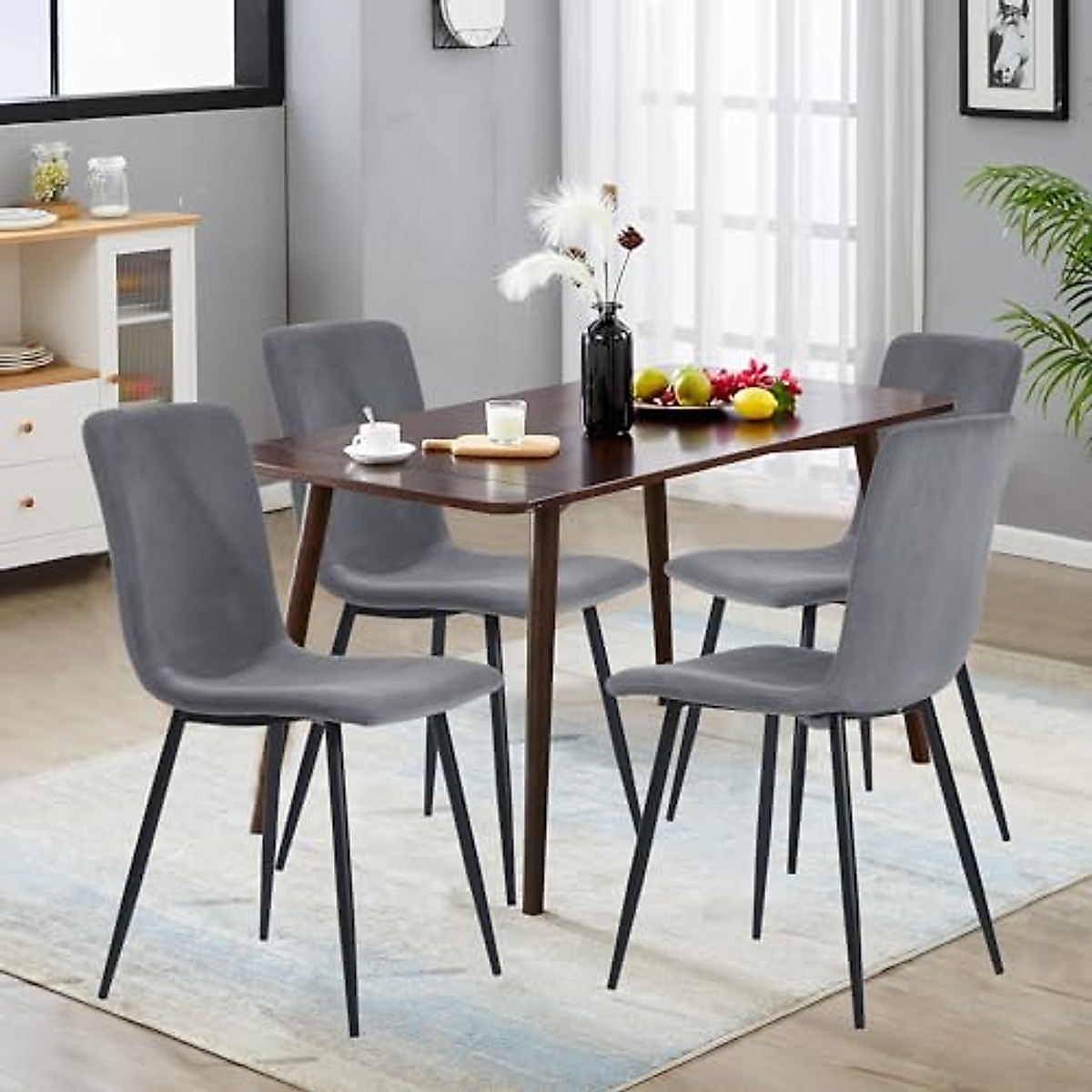 FurnitureR Scandinavian Dining Chairs Set of 4, Comfy Side Chair with Velvet Seat Sturdy Metal Legs for Kitchen Living Bedroom, Charcoal