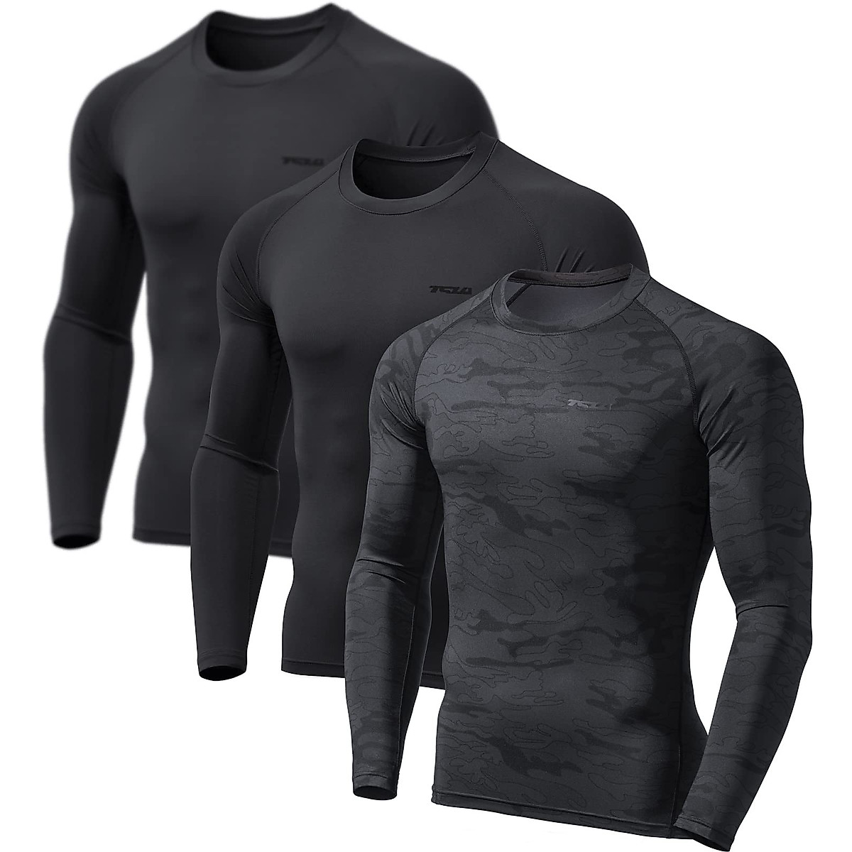 TSLA Men's UPF 50+ Compression 3-Pack - Long Sleeve Athletic Workout Shirt, Water Sports Rash Guard, Large Black/Urban Camo