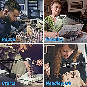 Magnifying Glass with Light, Magnifying Glass LED Desk Lamp-3 Colors Illuminated,9 Levels Dimmable,Foldable Metal Arms and Adjustable Clamp,5X Magnifying Light for Office/Work/Study (Black)